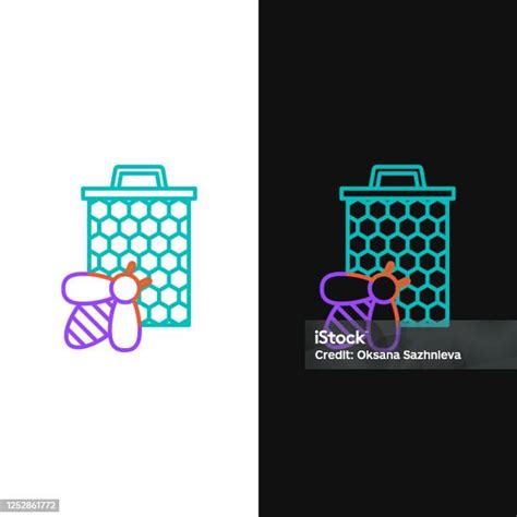 흰색과 검은 색 배경에 고립 된 녹색과 보라색 라인 꿀벌과 벌집 아이콘 꿀 세포 달콤한 천연 식품 날개 기호가있는 꿀벌 또는 Apis 비행 곤충 벡터 일러스트레이션 0명에