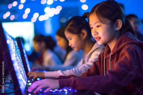 Asian Girls Participating In A Coding Workshop Girls Education Asian Bokeh Generative Ai