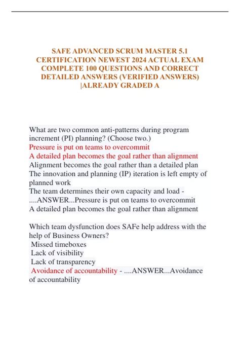 Safe Advanced Scrum Master 5 1 Certification Newest 2024 Actual Exam Complete 100 Questions And