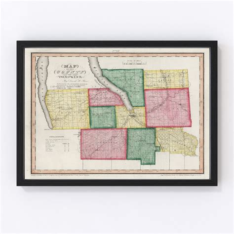 Tompkins County Map 1840 Vintage Tompkins County Map Old Tompkins County New York Art Wall