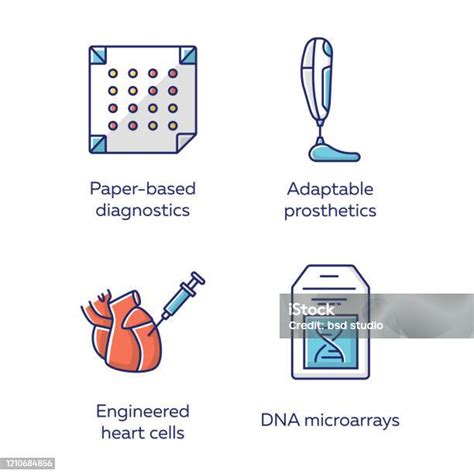 생물 공학 색상 아이콘 설정입니다 연구 치료를위한 의료 기술 종이 기반 진단 적응형 보철 엔지니어링 심장 세포 Dna 마이크로어레이 격리된 벡터 일러스트레이션 Dna에 대한