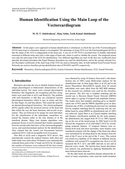 Pdf Human Identification Using The Main Loop Of The Vectorcardiogram