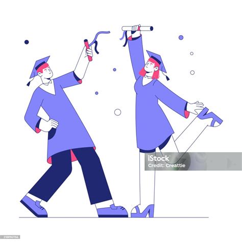 남성과 여성 졸업생은 졸업 성공 그리고 성취를 상징하는 평면 벡터 일러스트 레이 션에서 졸업장을 축하하고 흰색 배경에 고립되어