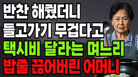 반찬 해줬더니 들고가기 무겁다고 택시비 달라는 며느리 밥줄 끊어버린 어머니 실화사연반전사연며느리시어머니고부갈등오디오북 Youtube