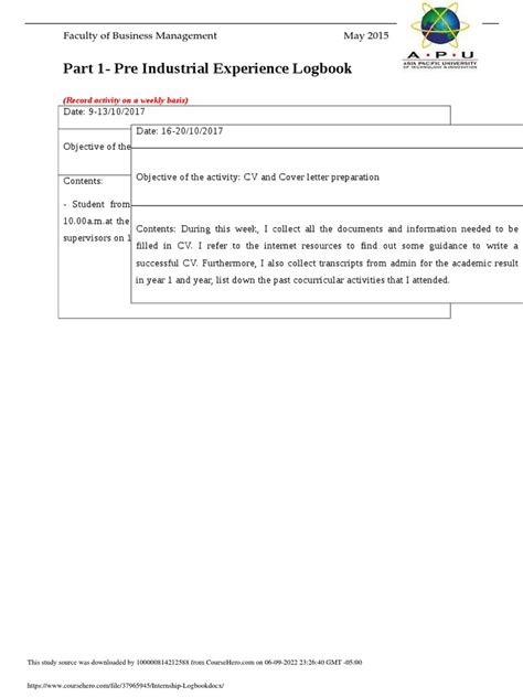 Internship Logbook Pdf Internship Job Hunting