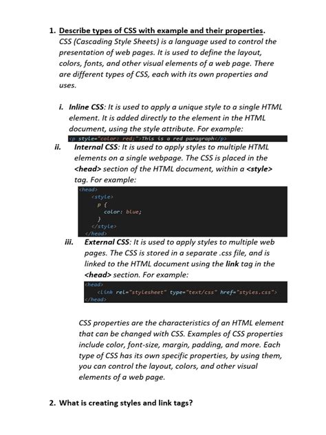 Describe Types Of Css With Example And Their Properties Pdf Html