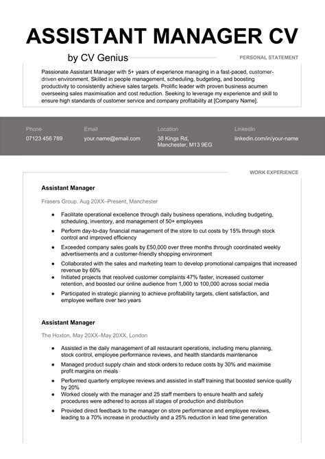Assistant Manager Cv Example And Template Free Download