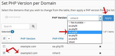 how to set the php version per domain using cpanel host duplex