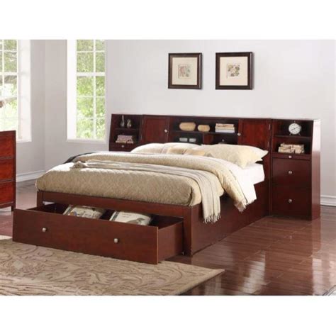 Queen Size Wooden Bed With Spacious Headboard And Under Bed Drawer