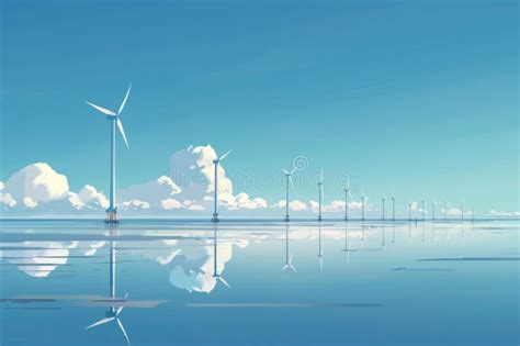 Serene Offshore Wind Farm With Multiple Wind Turbines Reflecting On The Calm Water Under A Blue