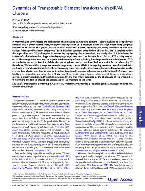 Pdf Dynamics Of Transposable Element Invasions With Pirna Clusters