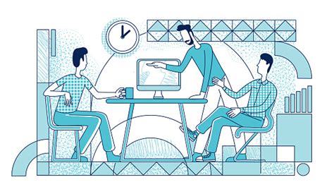 경영진 작업 프로세스 실루엣 벡터 일러스트 동료들은 브레인스토밍을 하고 결정을 내리면서 흰색 배경에 문자를 간략하게 설명합니다 직원 통신 간단한 스타일 드로잉 가공의 인물에