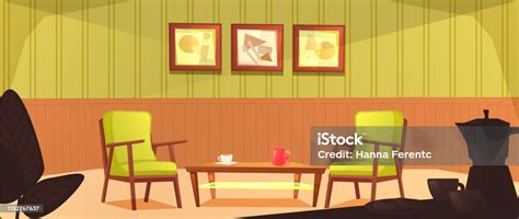 카페테리아 룸의 내부 안락의 자 및 커피 테이블의 복고풍 디자인 머그컵 카페에서 목재 가구 벡터 만화 일러스트 레이 션 0명에 대한 스톡 벡터 아트 및 기타 이미지 Istock