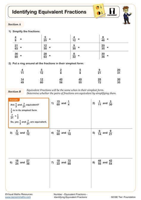 Identifying Equivalent Fractions Worksheet Printable Pdf Year 7 And Year 8 Number Worksheets