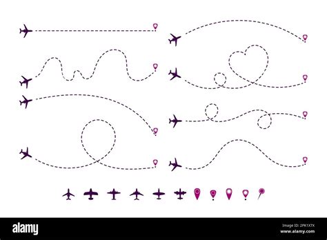 Dotted Airplane Trajectories Cartoon Illustration Set Stock Vector
