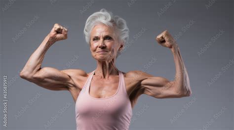Older Woman In Great Physical Shape Shows Her Biceps On Gray Background