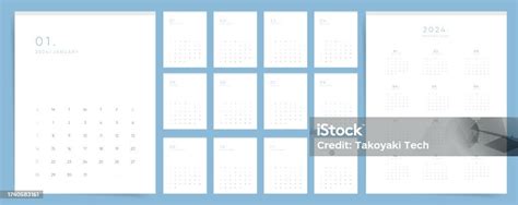 2024 캘린더 디자인 깔끔한 파란색 색상의 미니멀한 영어 데스크탑 플래너 비즈니스 및 기업 월간 보기 템플릿 벡터 형식으로 1