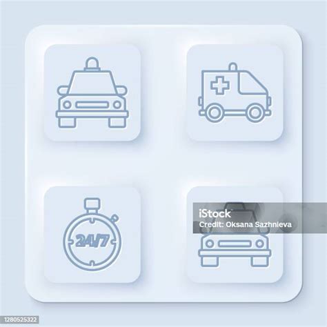 세트 라인 택시 자동차 구급차 와 응급 자동차 스톱 워치 24 시간 및 택시 자동차 흰색 정사각형 버튼 벡터 24에 대한 스톡 벡터 아트 및 기타 이미지 Istock