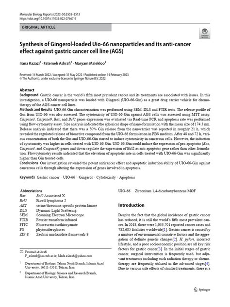 Synthesis Of Gingerol Loaded Uio 66 Nanoparticles And Its Anti Cancer Effect Against Gastric