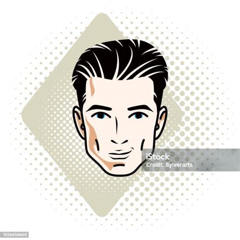 잘생긴 Brunet 남성 얼굴 긍정적인 얼굴 기능 클립 아트 벡터 그림 갈색 머리에 대한 스톡 벡터 아트 및 기타 이미지