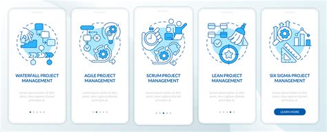 Project Management Styles Blue Onboarding Mobile App Screen Business Walkthrough 5 Steps