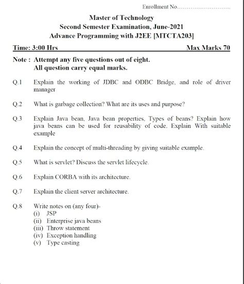 Dr Apj Abdul Kalam University Mtech Ii Sem Cta Advance Programming With J2ee Mtcta203