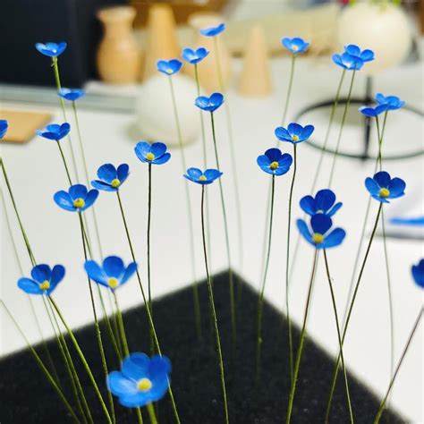 Blue Paper Flowers In Black Vase Blue Forget Me Not Craft Paper