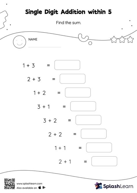 Single Digit Addition Within 5 Horizontal Addition Worksheet