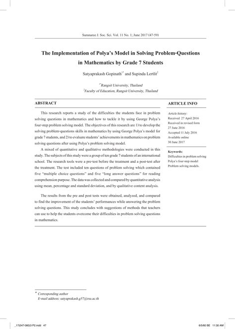 Pdf The Implementation Of Polyas Model In Solving Problem Questions In Mathematics By Grade 7