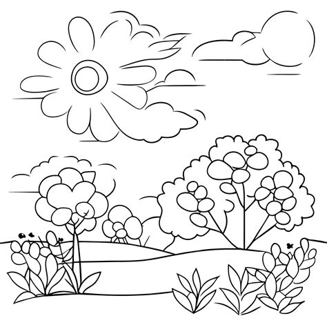 Premium Vector Coloring Page Landscape Nature Scenes With Sun Clouds Or Meadow Landscape Scene
