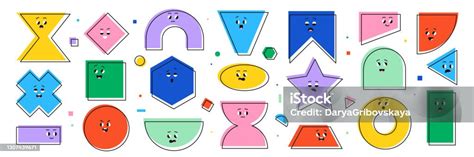 기하학적 캐릭터 모양얼굴 감정 다른 만화 기본 인물 귀여운 다채로운 모양 트렌디 한 색상 어린이 교육을위한 벡터 일러스트 레이션 0명에 대한 스톡 벡터 아트 및 기타 이미지