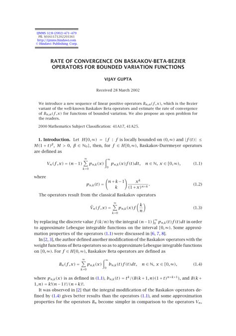 Pdf Rate Of Convergence On Baskakov Beta Bezier Operators For Bounded Variation Functions