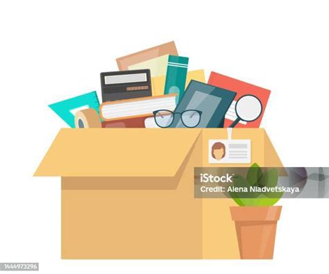 골판지 상자에 있는 사무실 부속품 작업 재료 문서 공장 사진 프레임 계산기 안경 새 사무실로 이사 플랫 스타일 벡터 그림입니다 문서에 대한 스톡 벡터 아트 및 기타 이미지