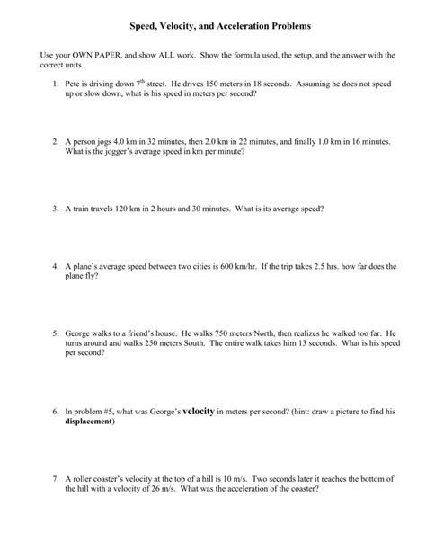 Speed Velocity And Acceleration Problems