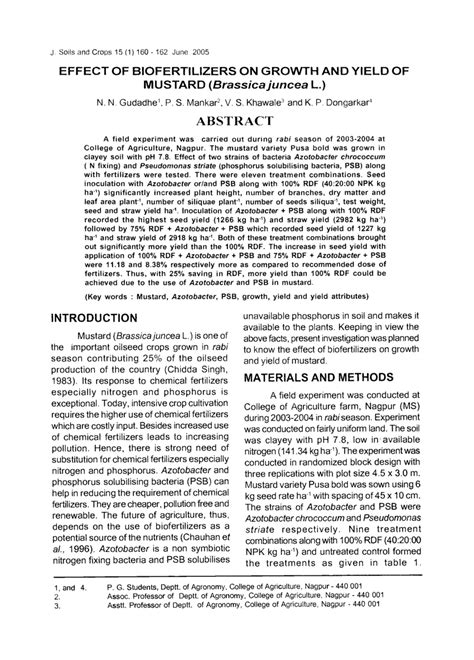 (PDF) Effect of biofertilizers on growth and yield of mustard (Brassica juncea L.).