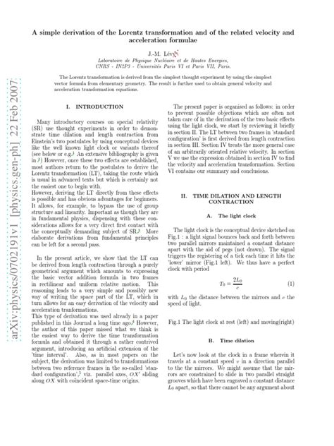 A Simple Derivation Of The Lorentz Transformation Pdf Acceleration