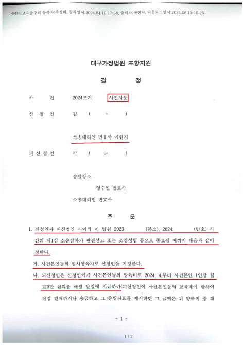 이혼소송 중 양육비 사전처분 승소사례 성공사례 포항 이혼형사전문변호사 법률사무소 예윤