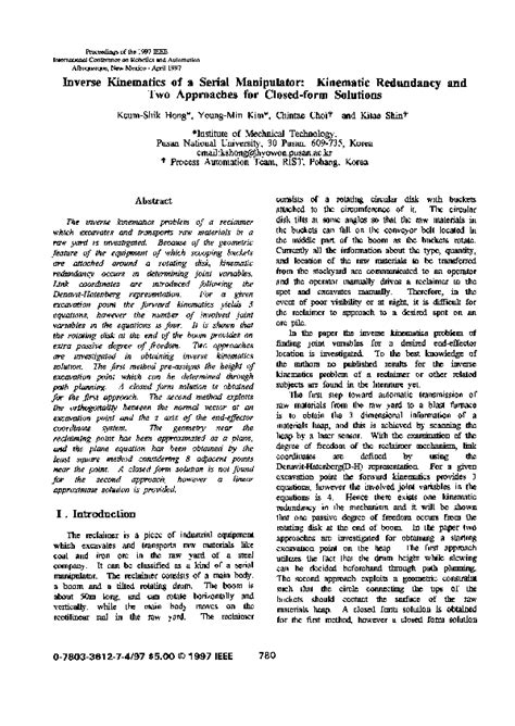 Pdf Inverse Kinematics Of A Serial Manipulator Kinematic Redundancy And Two Approaches For