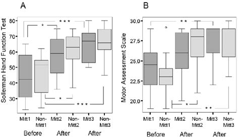 box plots with medians and minimum maximum values for the mitt group