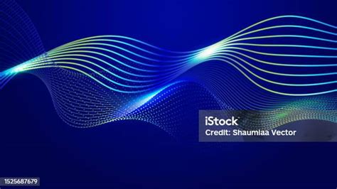 진한 파란색 추상적인 배경에 동적 파란색 입자 물결 선 추상적인 사운드 시각화 발광 입자의 파동 흐름의 디지털 구조 3차원 형태에 대한 스톡 벡터 아트 및 기타 이미지