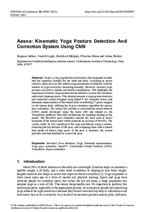 Pdf Aasna Kinematic Yoga Posture Detection And Correction System Using Cnn