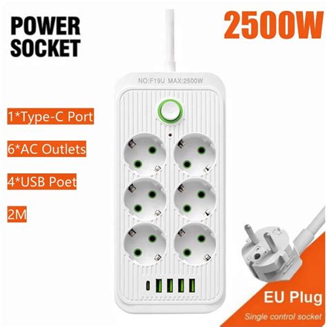 Power Strip Eu Plug Ac Outlet Patch Board With Usb Type C Ports Extender 2m Cable Multitap
