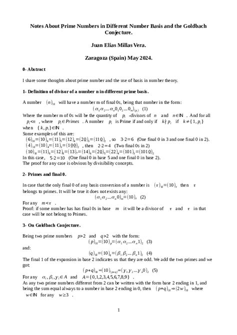 Pdf Notes About Prime Numbers In Different Number Basis And The Goldbach Conjecture