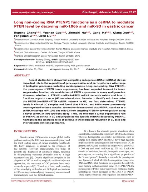 Pdf Long Non Coding Rna Ptenp1 Functions As A Cerna To Modulate Pten