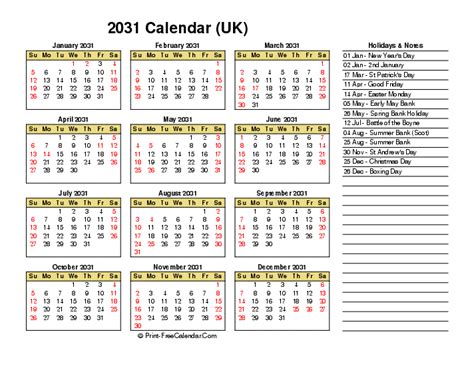 Download 2031 Calendar With Uk Bank Holidays Sunday Start Pdf Word