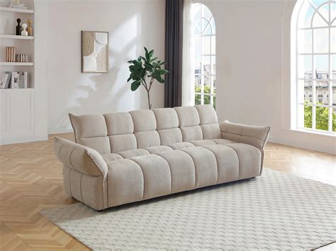 Canapé 3 Places Convertible Clic Clac En Tissu Chenille Beige Hakemo