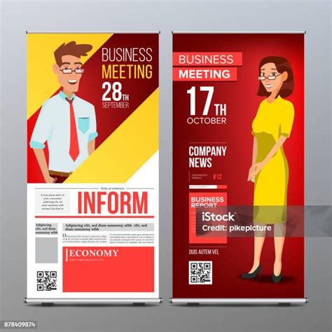 디스플레이 벡터를 롤 세로 포스터 템플릿 레이아웃입니다 실업가 그리고 비즈니스 여자 기술 과학입니다 대 한 비즈니스 회의 광고