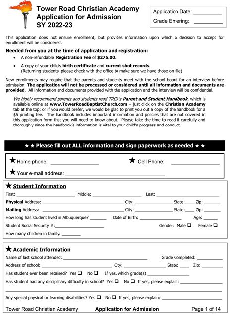 Trca 2022 2023 Application Form Tower Road Baptist Church And Christian Academy