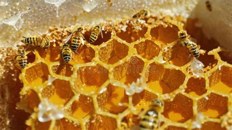 Honey Bees Work Diligently In Their Hive Processing Nectar Into Honey Within The Honeycomb