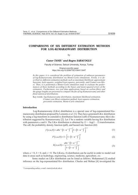 Pdf Comparisons Of Six Different Estimation Methods For Log Kumaraswamy Distribution